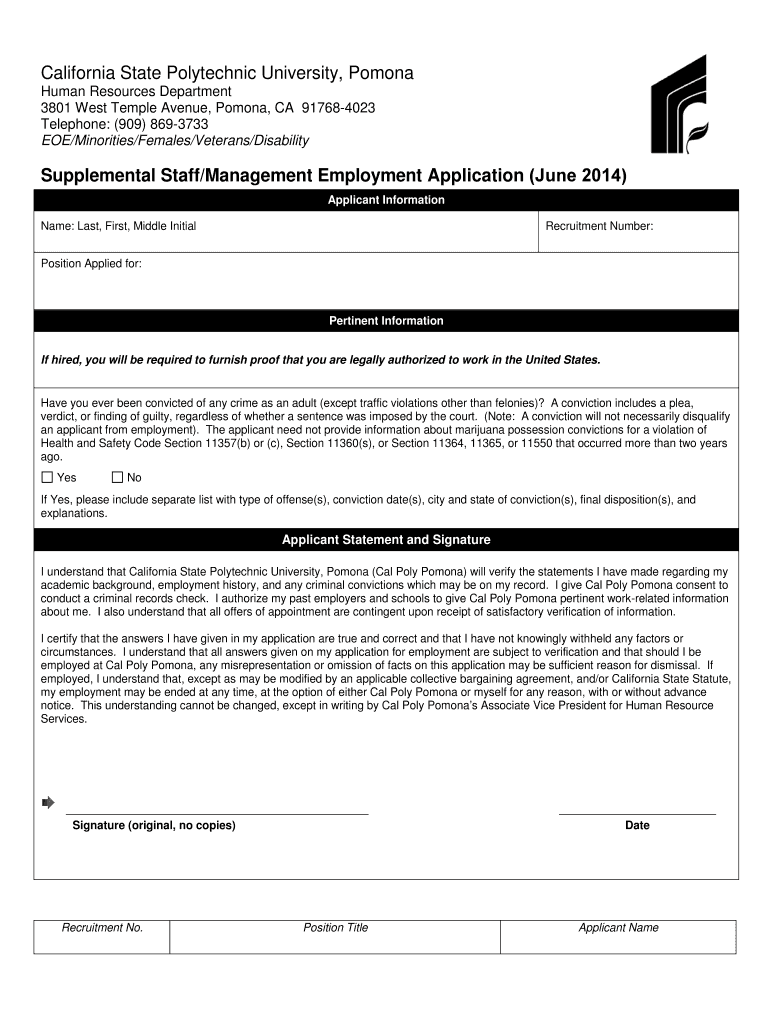 Fillable Online Supplemental StaffManagement bEmployment Applicationb ...