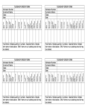 Fillable Online TUCKSHOP ORDER FORM Admission Number Admission Number ...