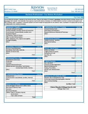 Fillable Online Business Professional - Tax Return Worksheet - Kenyon ...