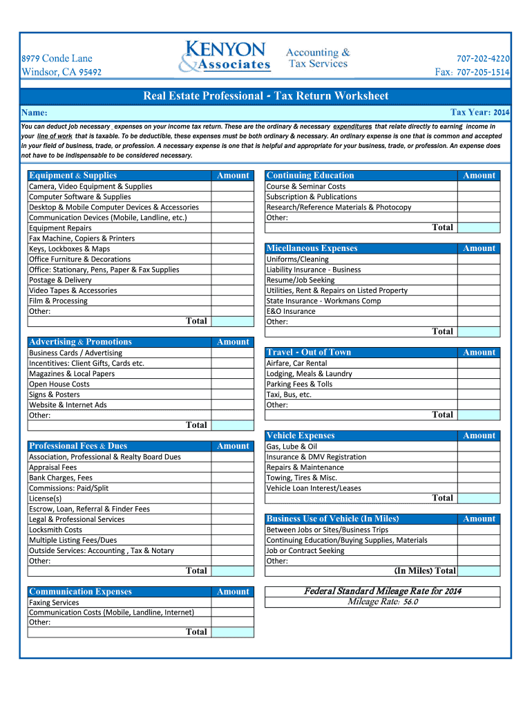 Fillable Online Real Estate Professional - Tax Return Worksheet ...