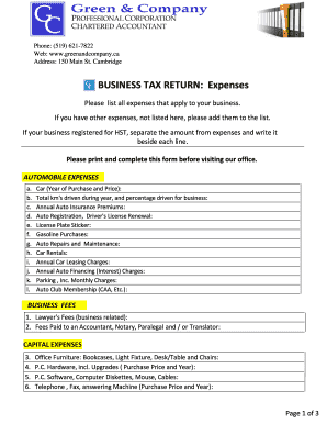 Fillable Online greenandcompany Sample spread sheet business expenses ...