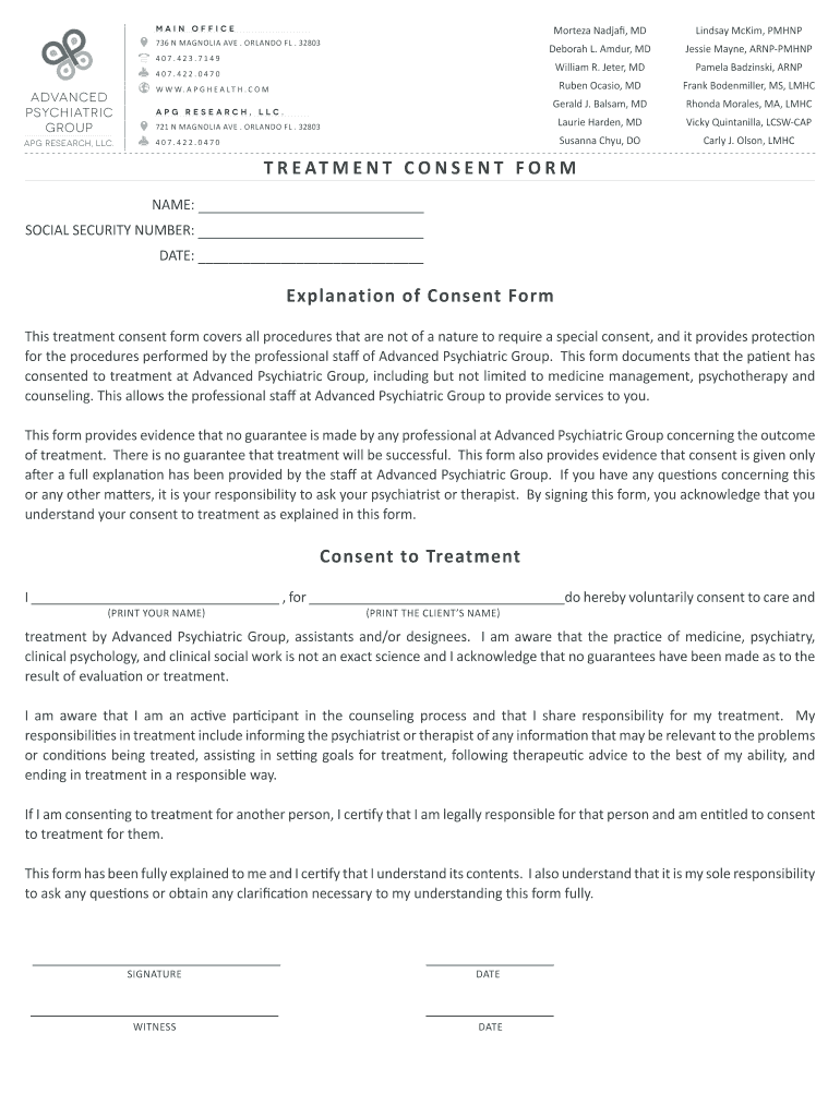 Fillable Online Apg research llc 4074220470 TREATMENT CONSENT FORM Fax ...