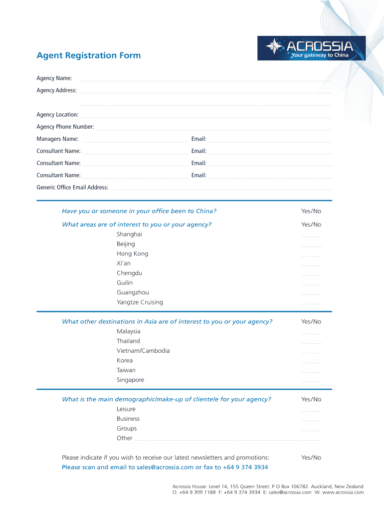 Fillable Online Agent Registration Form - bacrossiabbcomb Fax Email ...