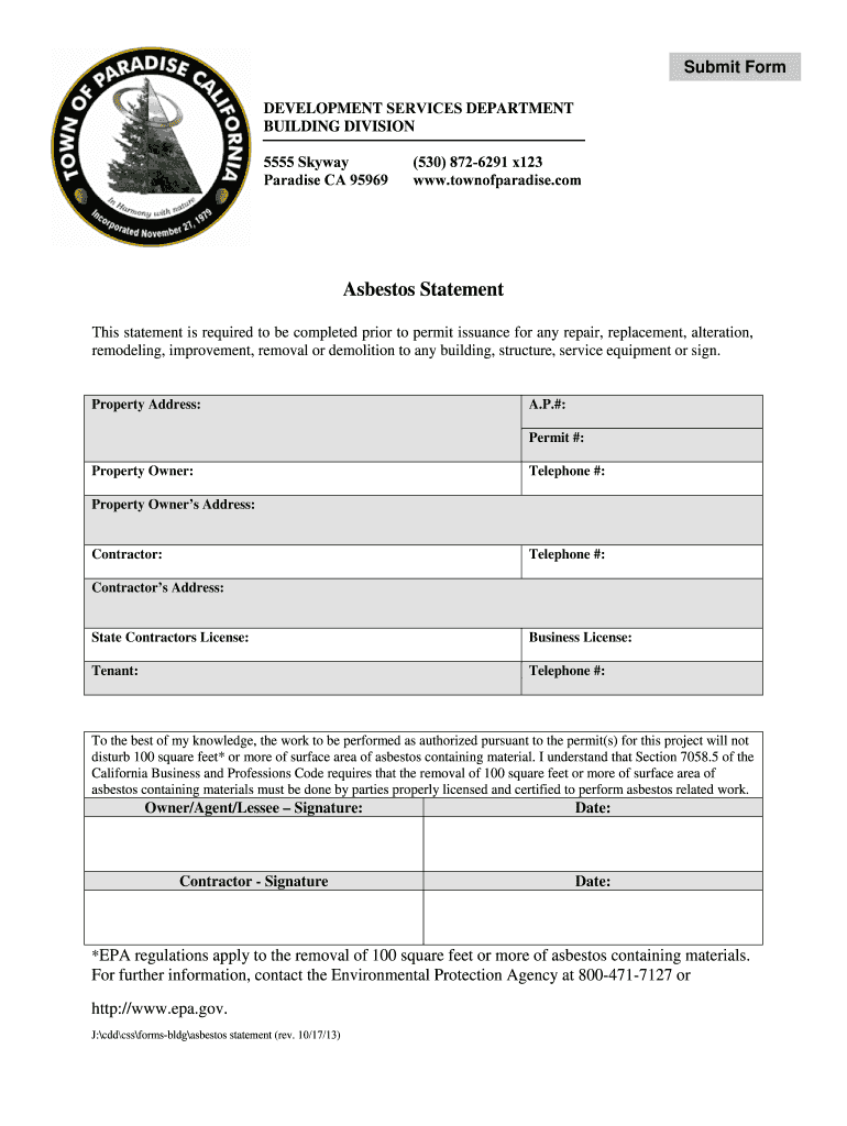 Fillable Online Asbestos Statement - Town of Paradise Fax Email Print ...