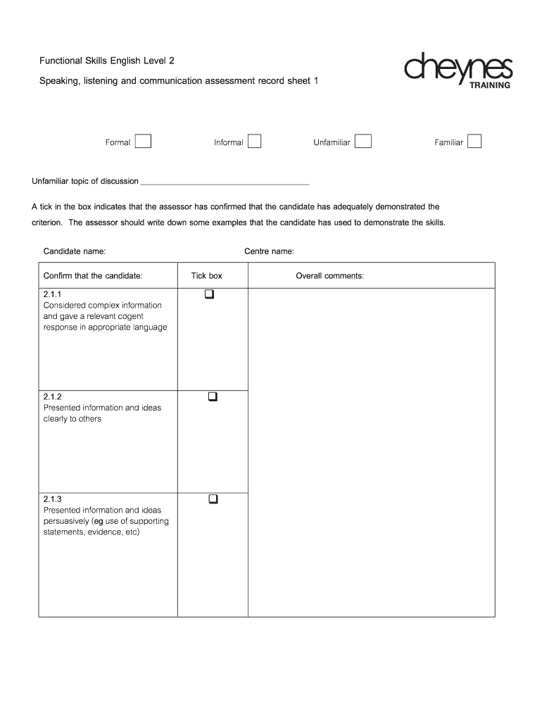 Fillable Online Speaking listening and communication assessment ...