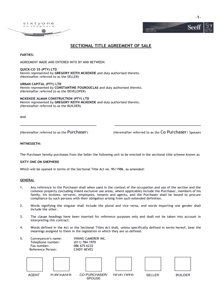 Fillable Online SECTIONAL TITLE AGREEMENT OF SALE Fax Email Print ...