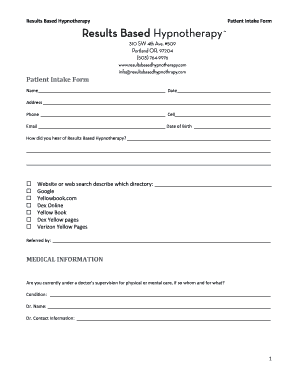 Fillable Online Results Based Hypnotherapy Patient Intake Form Results ...