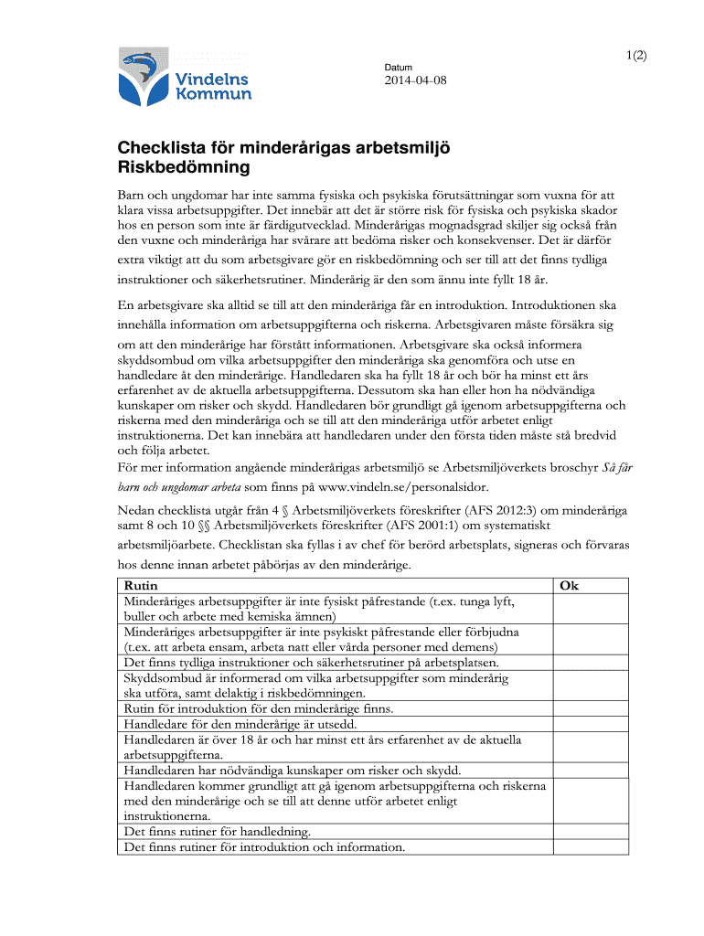 Fillable Online Checklista fr minderrigas arbetsmilj Riskbedmning Fax Email Print - pdfFiller