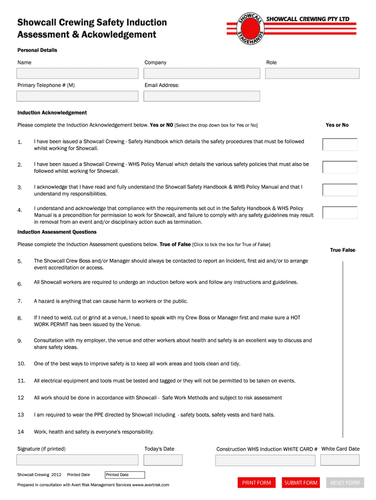 Fillable Online Showcall Crewing Safety Induction Assessment ...