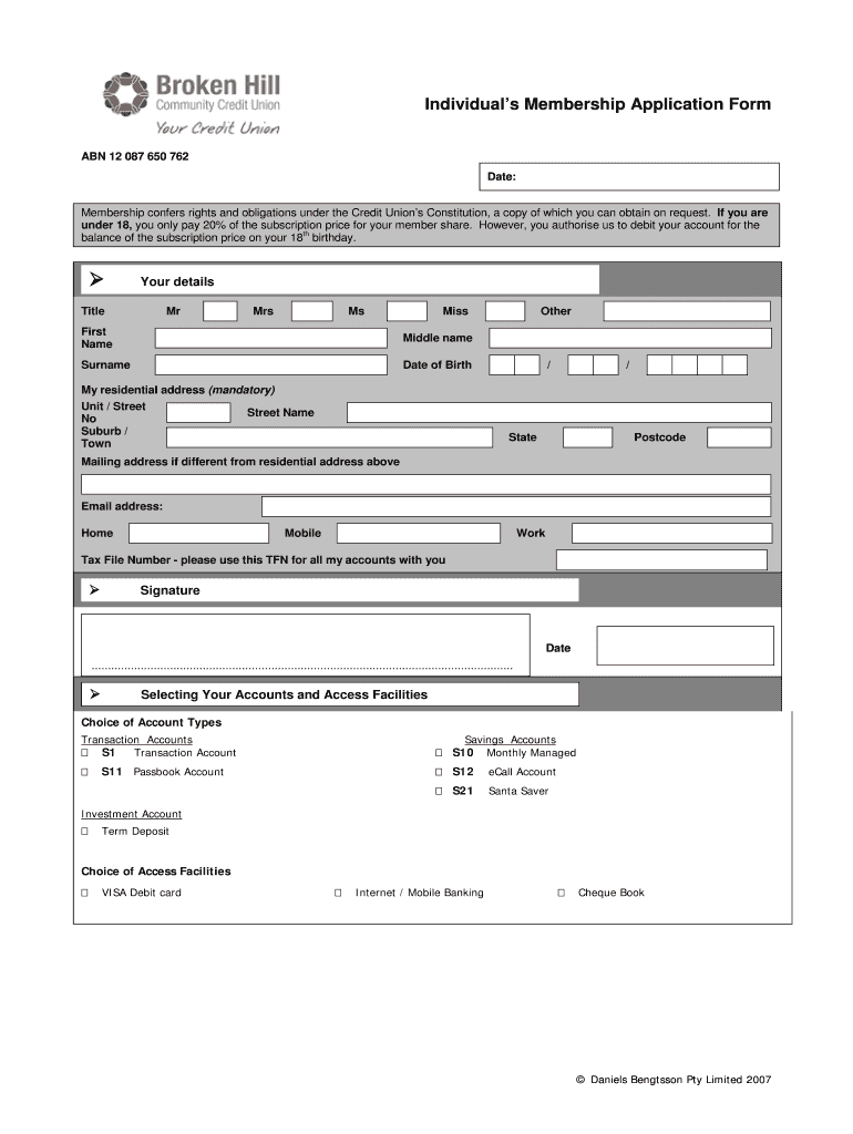 Fillable Online Individuals Membership Application Form ABN 12 087 650 ...