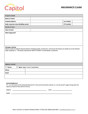 Fillable Online INSURANCE CLAIM Property details Name of owner Property ...