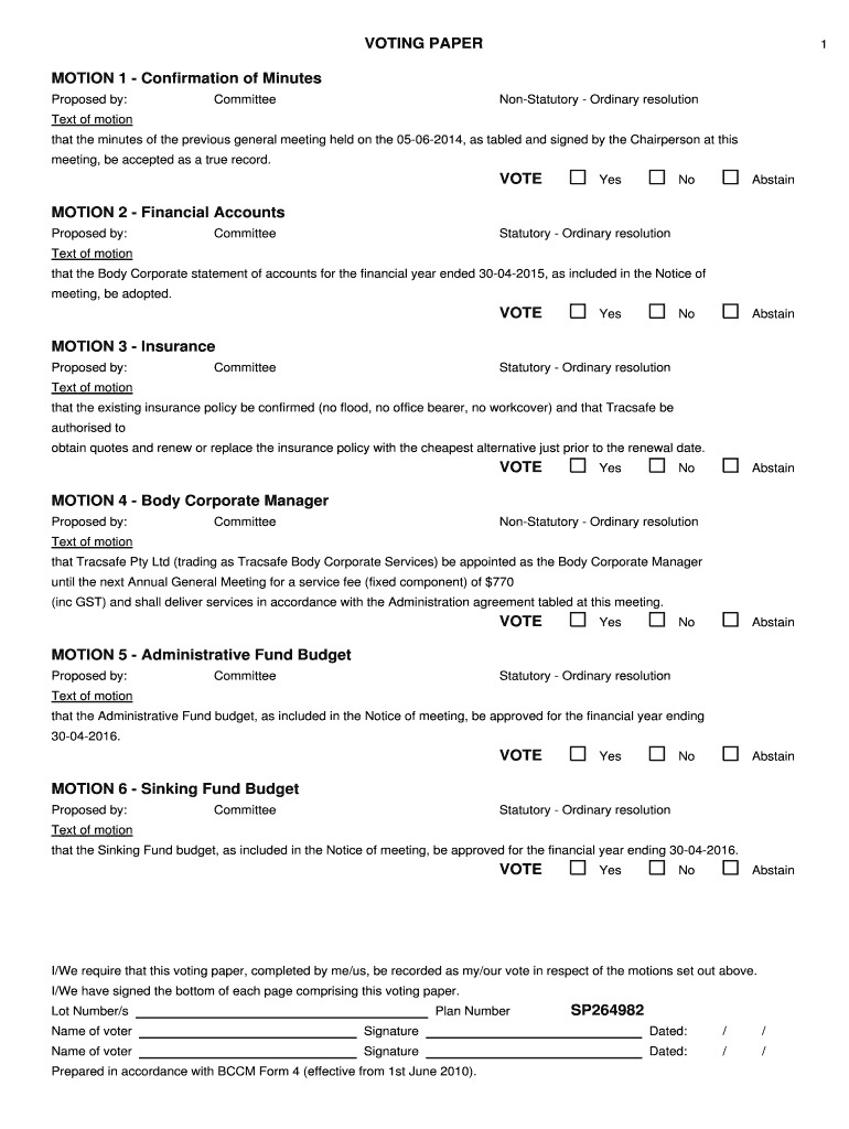 Fillable Online VOTING PAPER MOTION 1 - Confirmation of Minutes VOTE ...