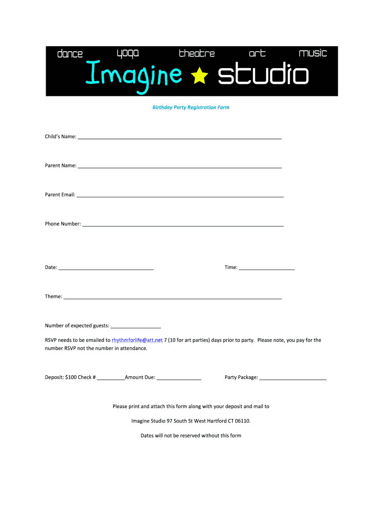 Fillable Online Birthday Registration Form - Imagine Studio Fax Email ...