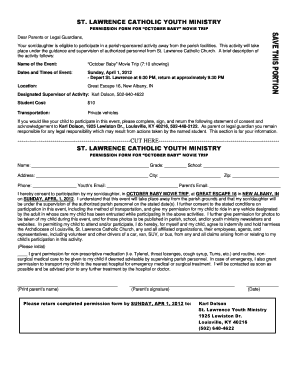 Fillable Online stl-lawrence Permission Slip - October Baby Movie Trip ...