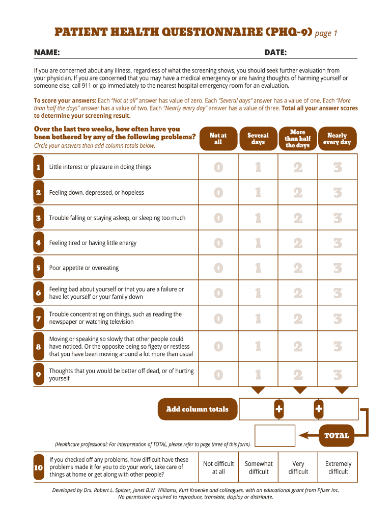 Fillable Online PATIENT HEALTH QUESTIONNAIRE (PHQ-9) page 1 Fax Email ...