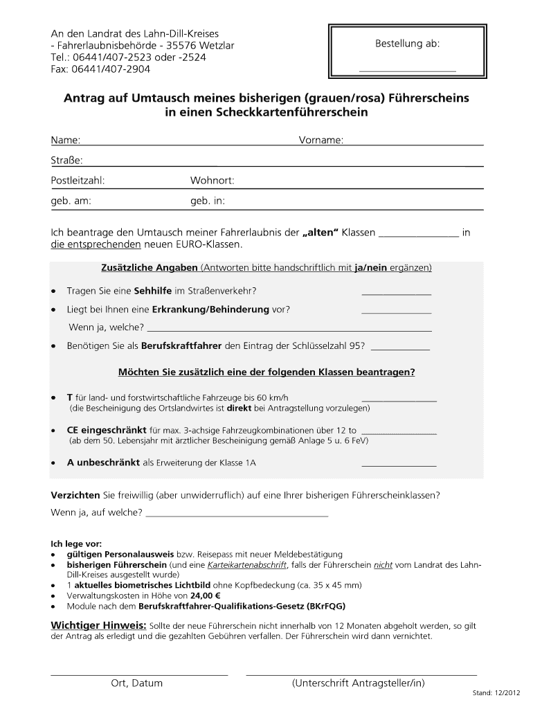 Ausfüllbar Online lahn-dill-kreis Antrag auf Umtausch des bisherigen (grauen/rosa) - Lahn-Dill ...