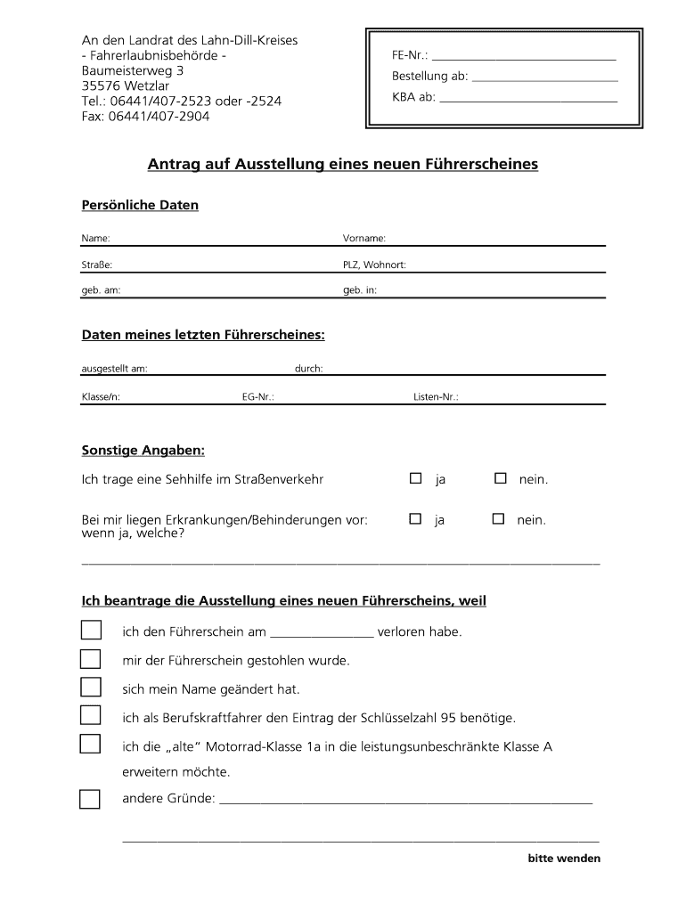 Ausfüllbar Online lahn-dill-kreis Antrag auf Ausstellung eines neuen F hrerscheins - Lahn-Dill ...