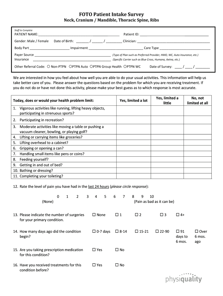 Fillable Online FOTO Patient Intake Survey Neck, Cranium / Mandible ...