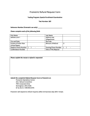 Fillable Online irs Prometric Refund Request Prometric Refund Request ...