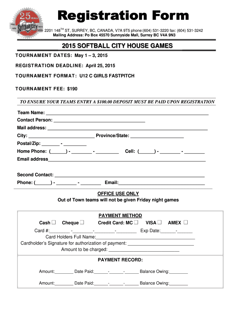 Fillable Online softballcity bc 2015 Softball City U12 House Games ...