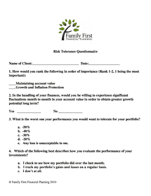 Fillable Online Risk Tolerance Questionnaire - Family First Financial ...