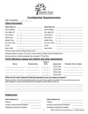 Fillable Online Confidential Questionnaire - Family First Financial Planning Fax Email Print ...
