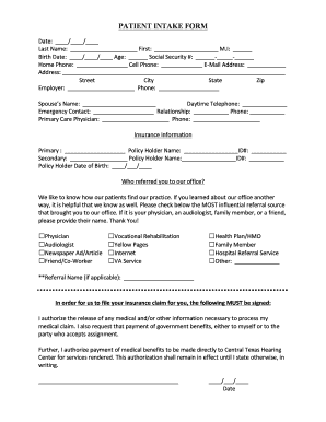 Fillable Online PATIENT INTAKE FORM - bcentraltexashearingcenterbbcomb ...