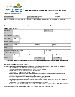 Fillable Online APPLICATION FOR TENANCY (One application per tenant ...