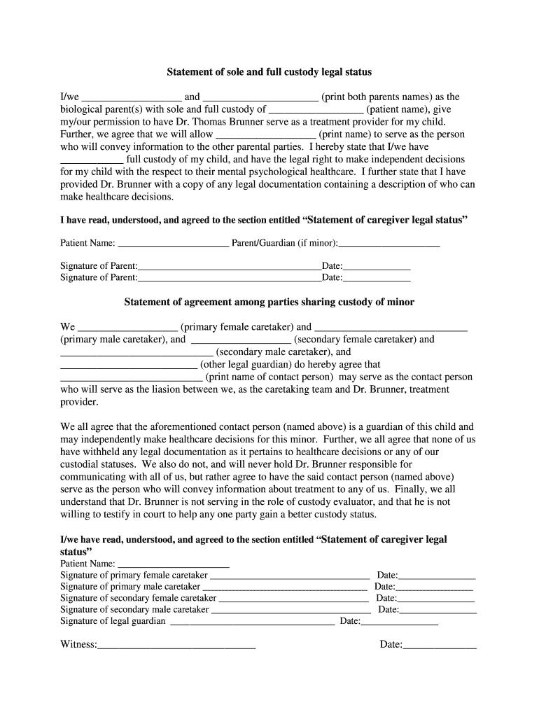 Fillable Online Statement of sole and full custody legal statusdoc Fax ...