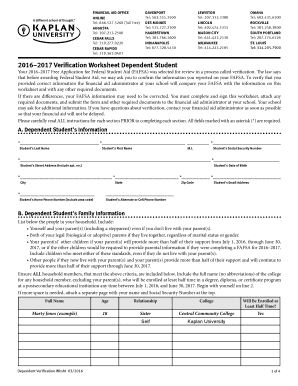 Fillable Online 20162017 Verification Worksheet Dependent bb - Kaplan University Fax Email Print ...