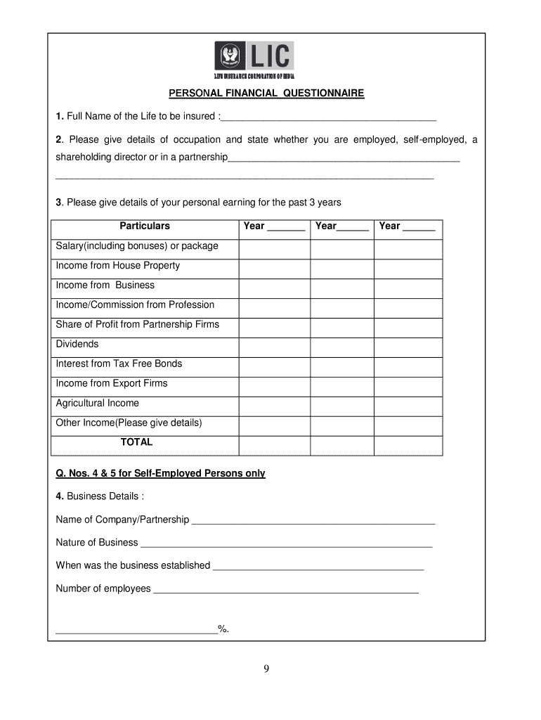 Fillable Online AL FINANCIAL QUESTIONNAIRE 1 2 3 Particulars Year Year ...