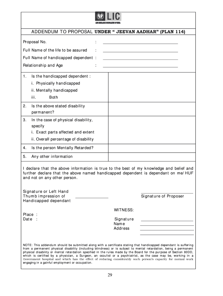 Fillable Online ADDENDUM TO PROPOSAL - Pune LIC Agents Fax Email Print ...