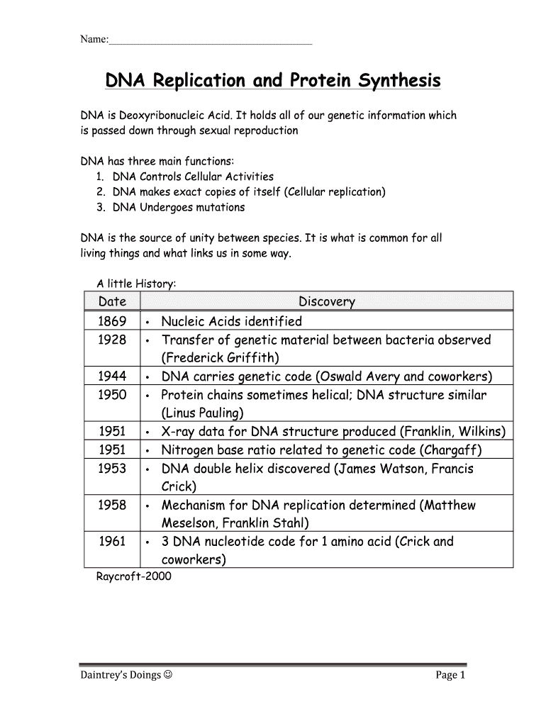 Fillable Online DNA Replication and Protein Synthesis Notes 1docx Fax ...