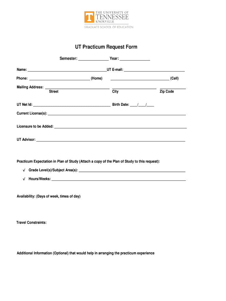 Fillable Online osbe utk UT Practicum Request Form - bosbebbutkbbedub - osbe utk Fax Email Print ...