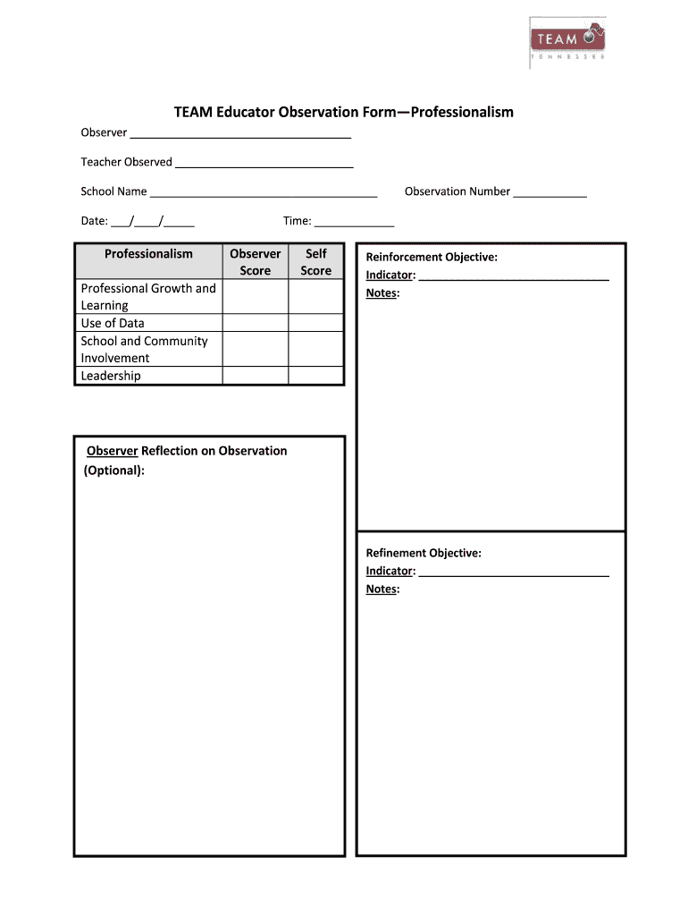 Fillable Online osbe utk TEAM Educator Observation FormProfessionalism ...