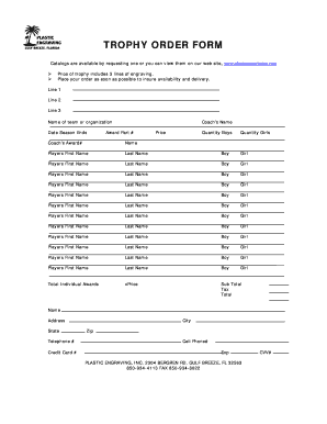 Fillable Online Trophy Order Form 2008 - Plastic Engraving Inc Fax ...