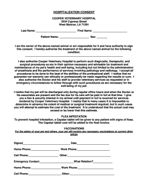 Fillable Online HOSPITALIZATION CONSENT - Cooper Veterinary Hospital ...