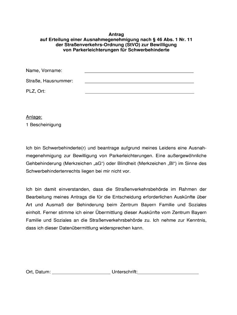 Ausfüllbar Online Antrag auf Erteilung einer Ausnahmegenehmigung nach 46 Abs. 1 ... Fax Email ...