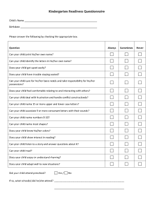 Fillable Online holycrosscary kindergarten readiness questionnairedocx Fax Email Print - pdfFiller