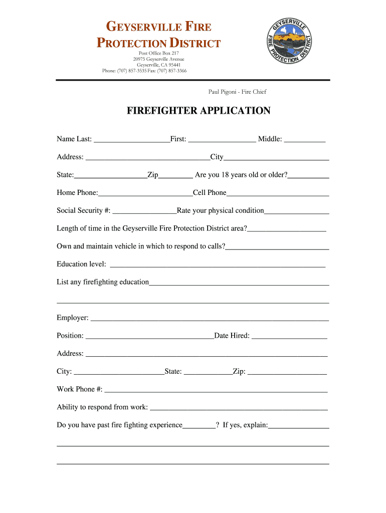 Fillable Online FIREFIGHTER APPLICATION - The Geyserville Fire ...