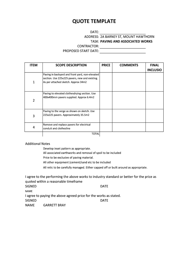 Fillable Online QUOTE TEMPLATE Fax Email Print - pdfFiller