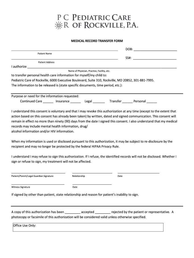 Fillable Online MEDICAL RECORD TRANSFER FORM ...