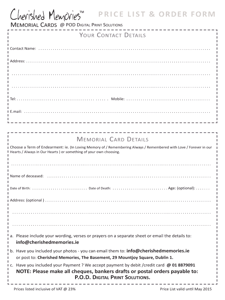 Fillable Online cherishedmemories TM Price list amp orDer form ...