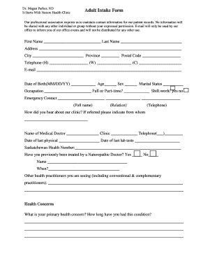 Fillable Online Adult Intake Form It Starts With Nature Health Clinic ...