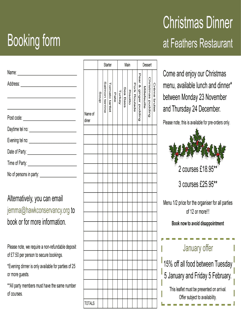 Fillable Online hawk-conservancy Christmas Dinner Booking form at ...