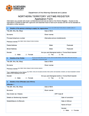 Fillable Online nt gov Victims register application bformb - Northern ...