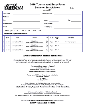 Fillable Online 2016 Tournament Entry Form Summer Smackdown Fax Email ...