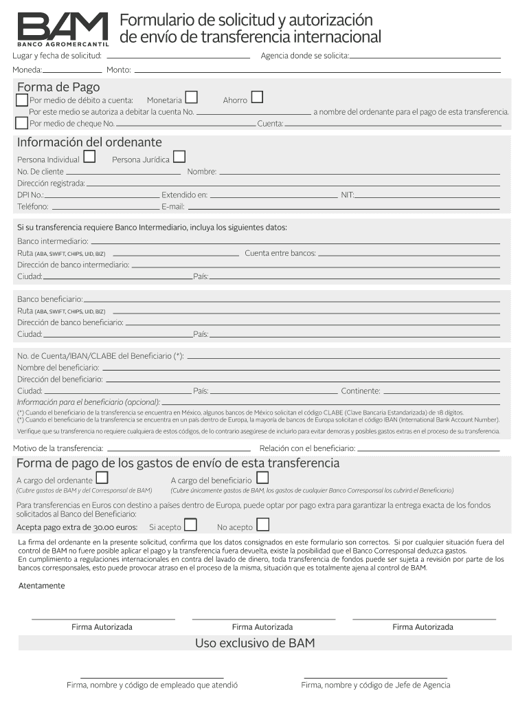 Fillable Online BAM Nov 2013 - Formulario Transferencias BAM Fax Email ...