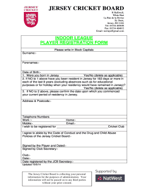 Fillable Online jerseycricketboard co INDOOR LEAGUE PLAYER REGISTRATION ...