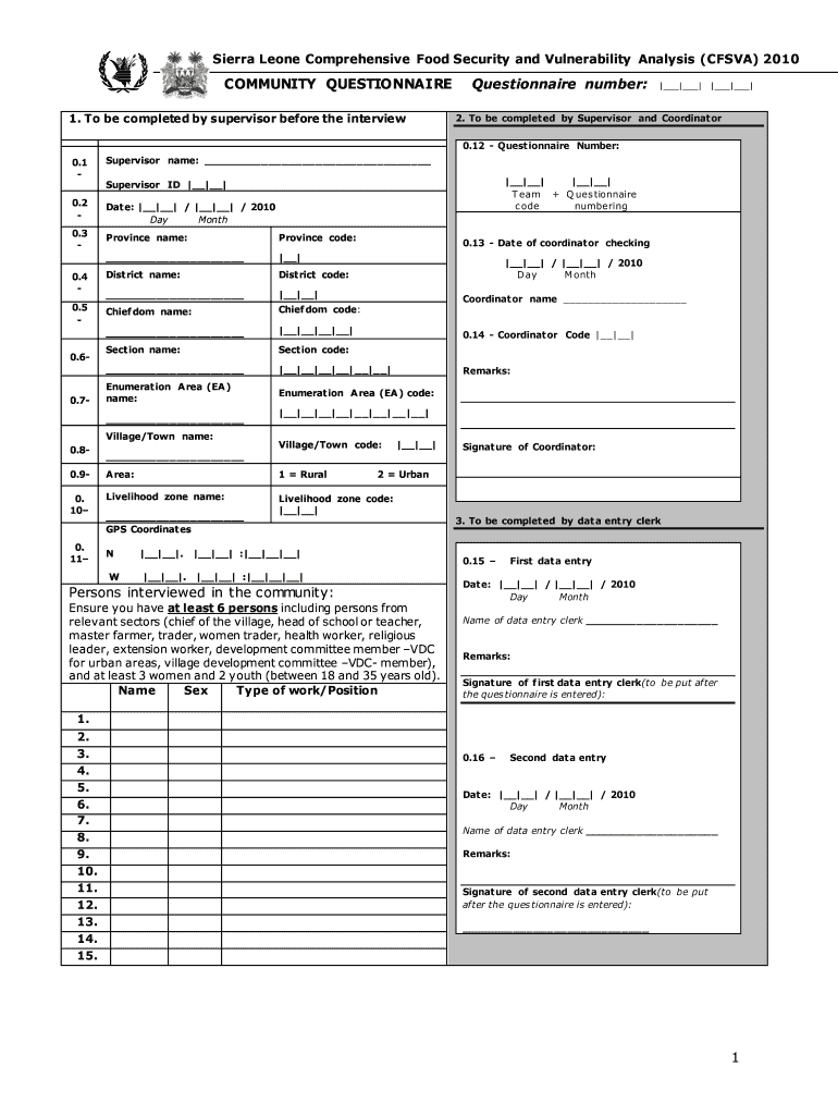 Fillable Online resources vam wfp COMMUNITY QUESTIONNAIRE Questionnaire ...